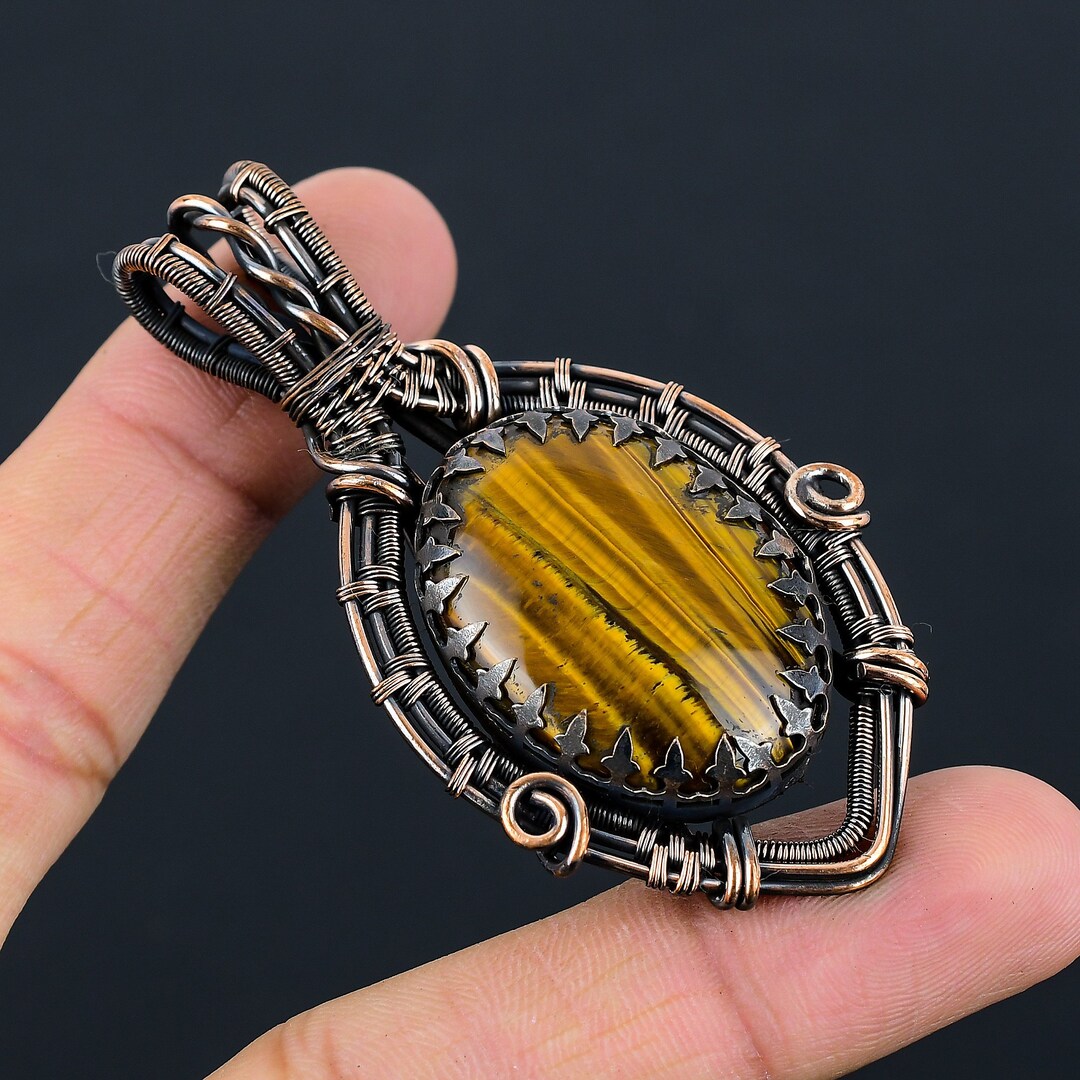 Tiger Eye Pendant Copper Wire Wrapped Pendant Tiger Eye Gemstone ...