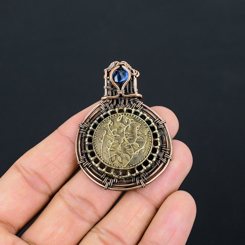 Unique Coin Leaf Pattern Two Tone Copper Wire Wrapped Pendant Gift for ...