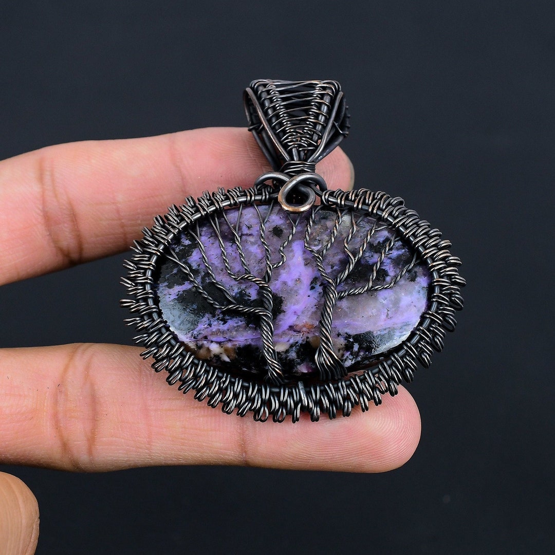 Charoite Pendant, Double Tree of Life Copper Wire Wrapped Pendant, Gemstone Pendant, Handmade ...