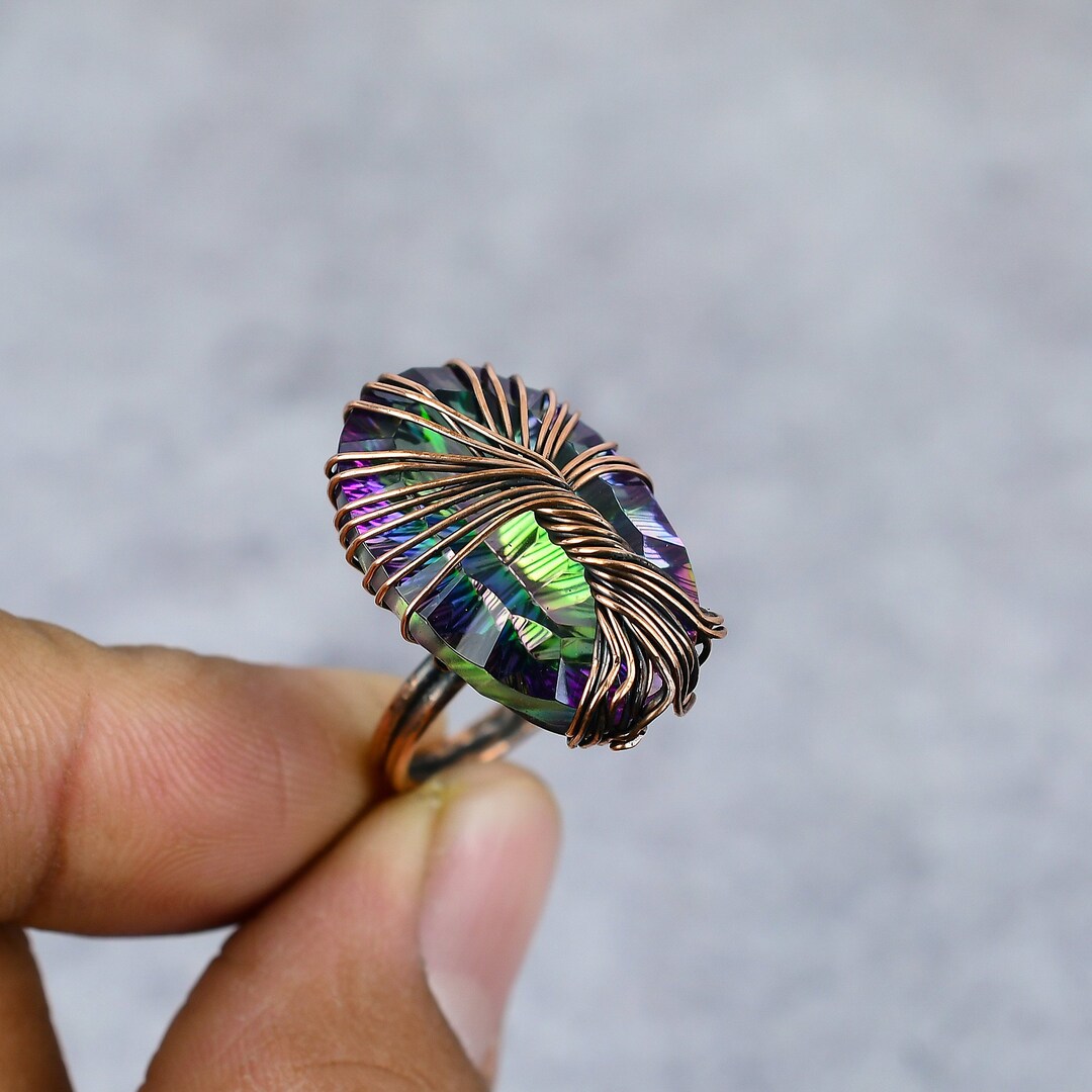 Mystic Rainbow Topaz Tree of Life Ring Copper Wire Ring Mystic Rainbow ...