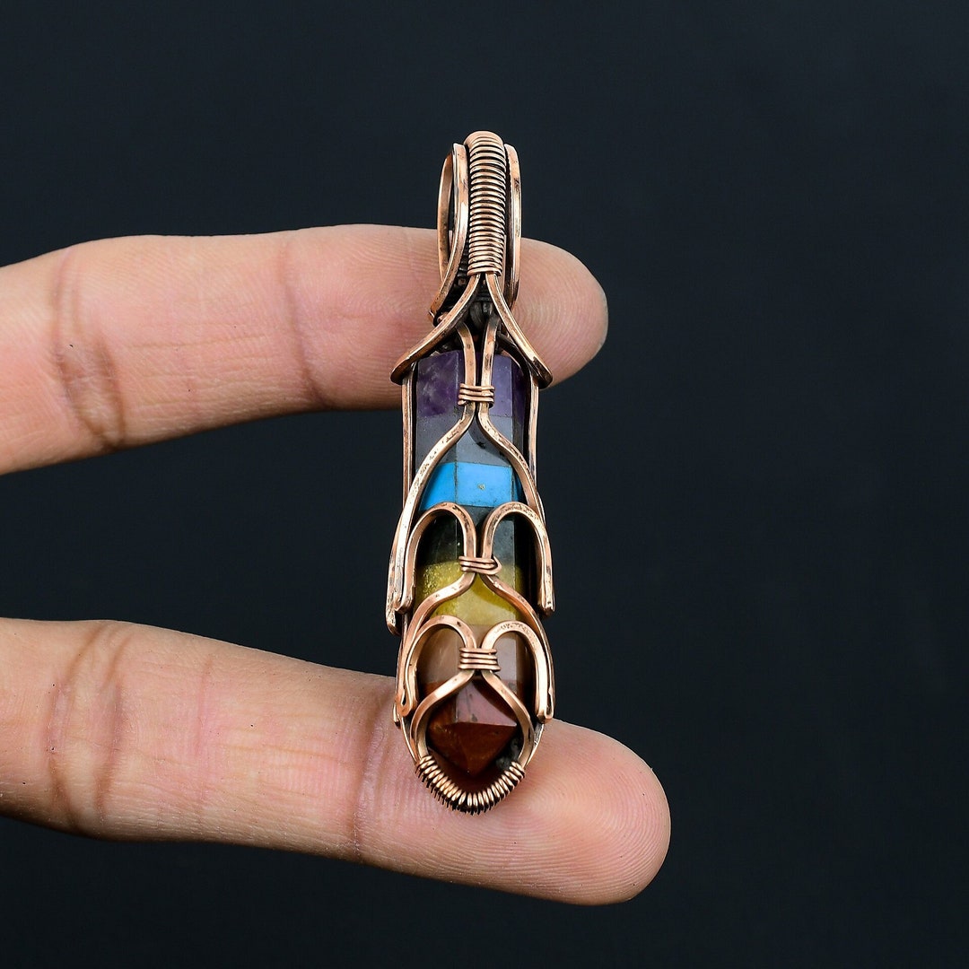 Natural Seven Chakra Healing Crystal Pendant Banded Pencil Copper Wire ...