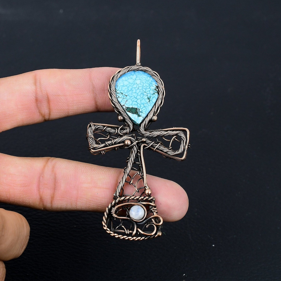 Turquoise Ankh Pendant Pendant Copper Wire Wrapped Pendant Hieroglyphic ...