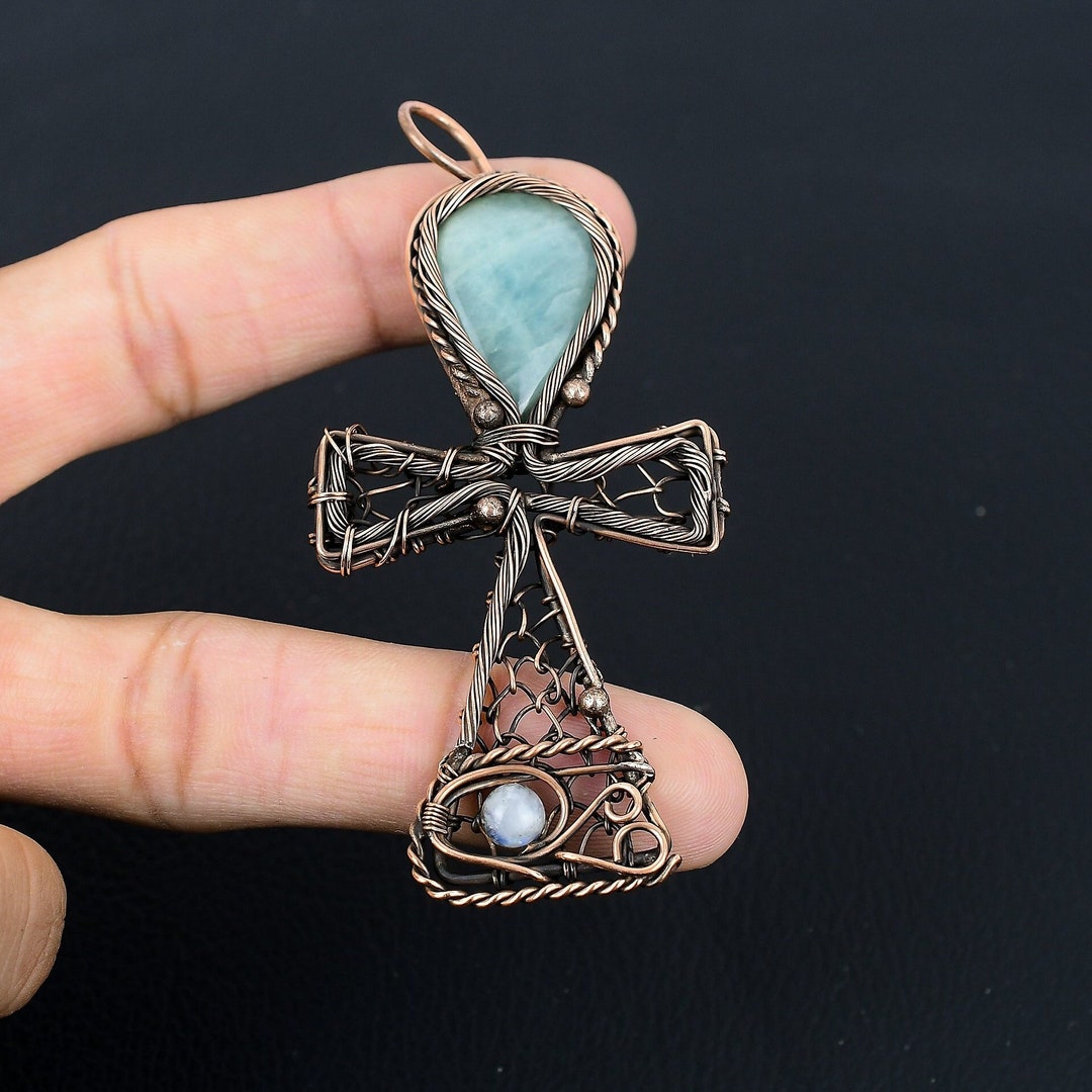 Aquamarine Ankh Pendant, Copper Wire Wrapped Pendant Hieroglyphic ...