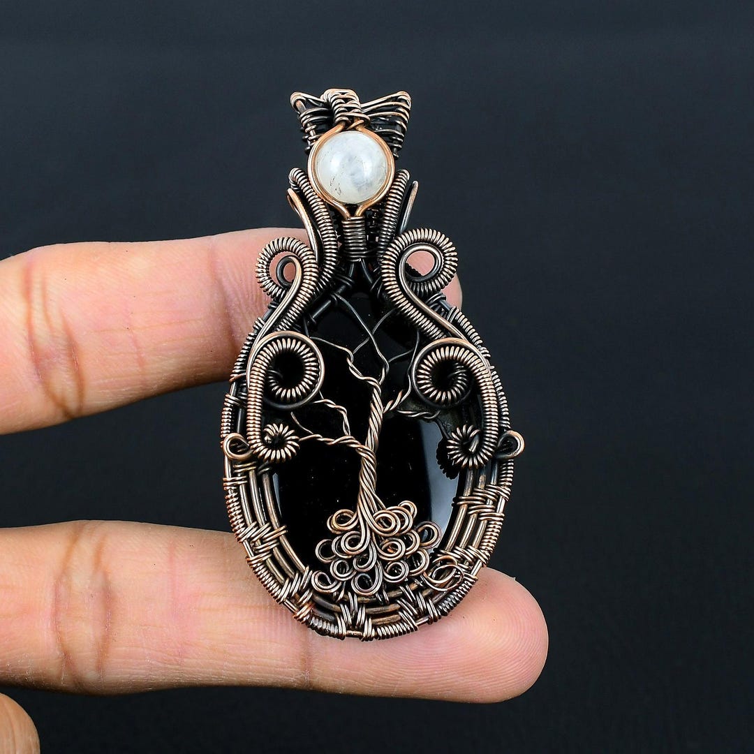 Black Onyx Tree of Life Pendant Copper Wire Wrapped Gemstone Pendant ...