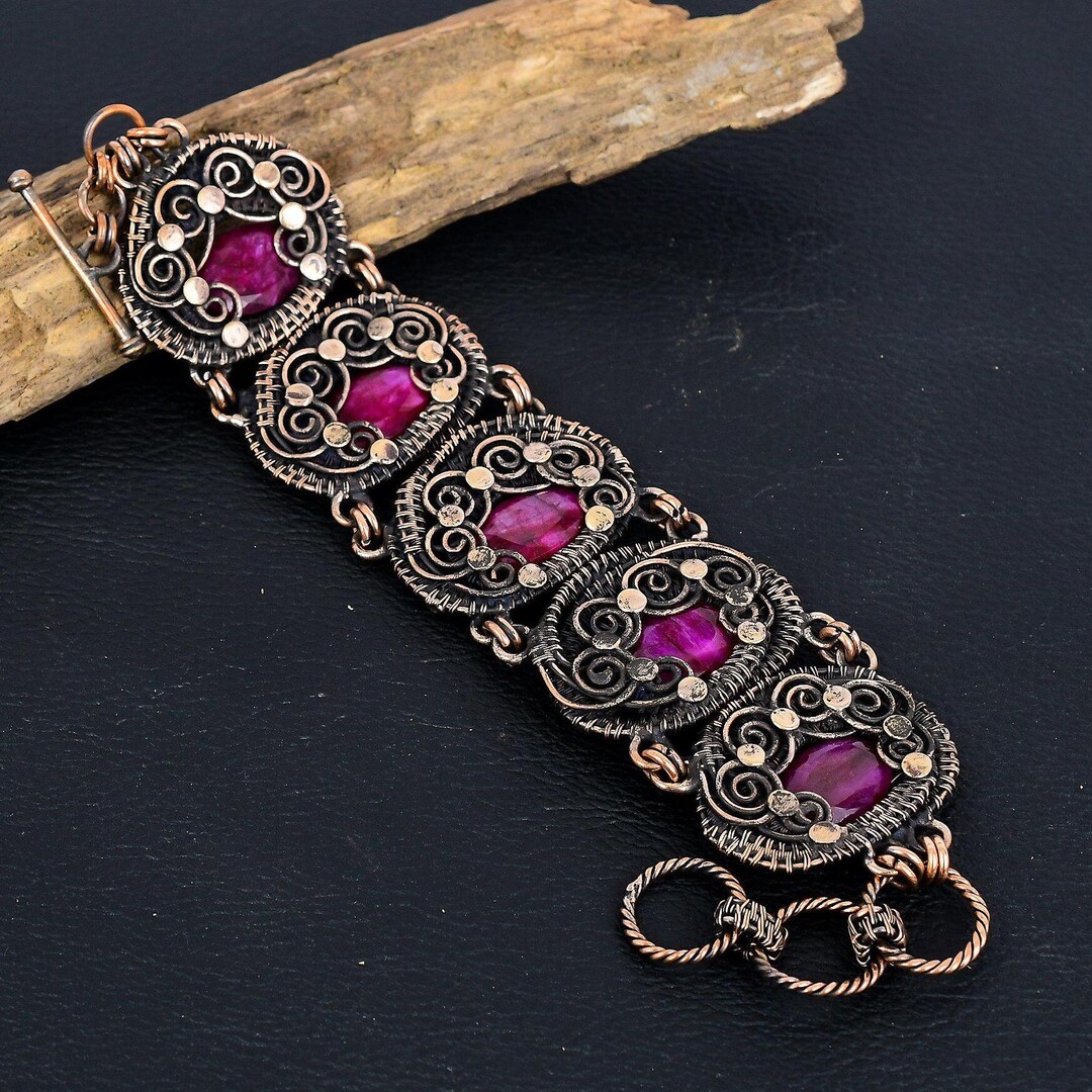 Ruby Bracelet, Kashmiri Red Ruby Solid Copper Wire Wrapped Bracelet ...