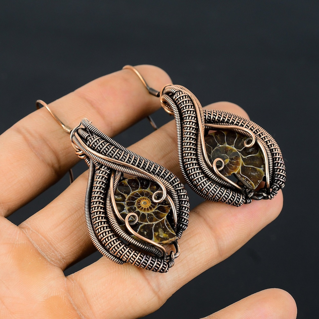 Ammonite Fossil Copper Earring Copper Wire Wrapped Earring Gemstone ...