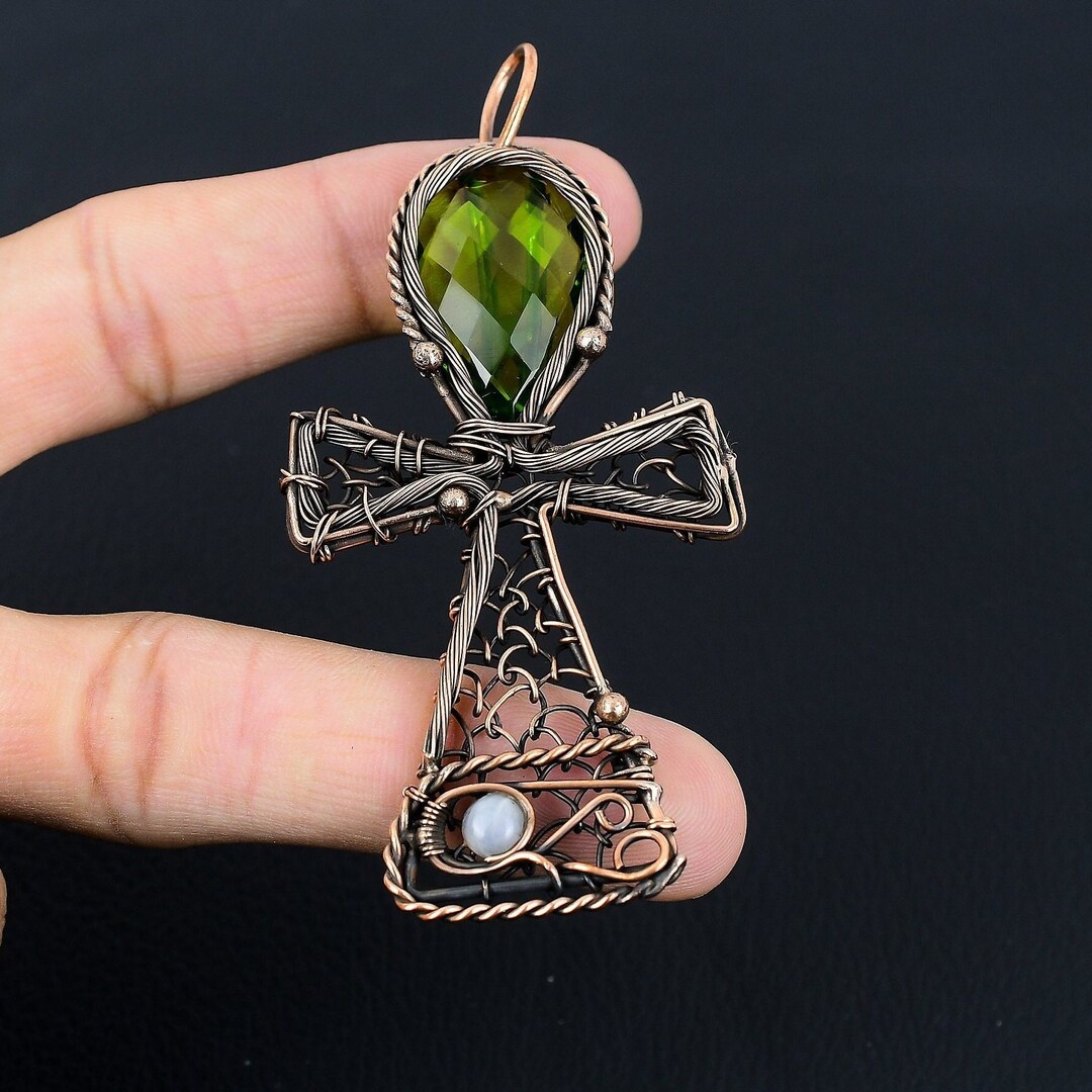 Peridot Key of Life Ankh Pendant, Copper Wire Wrapped Hieroglyphic ...