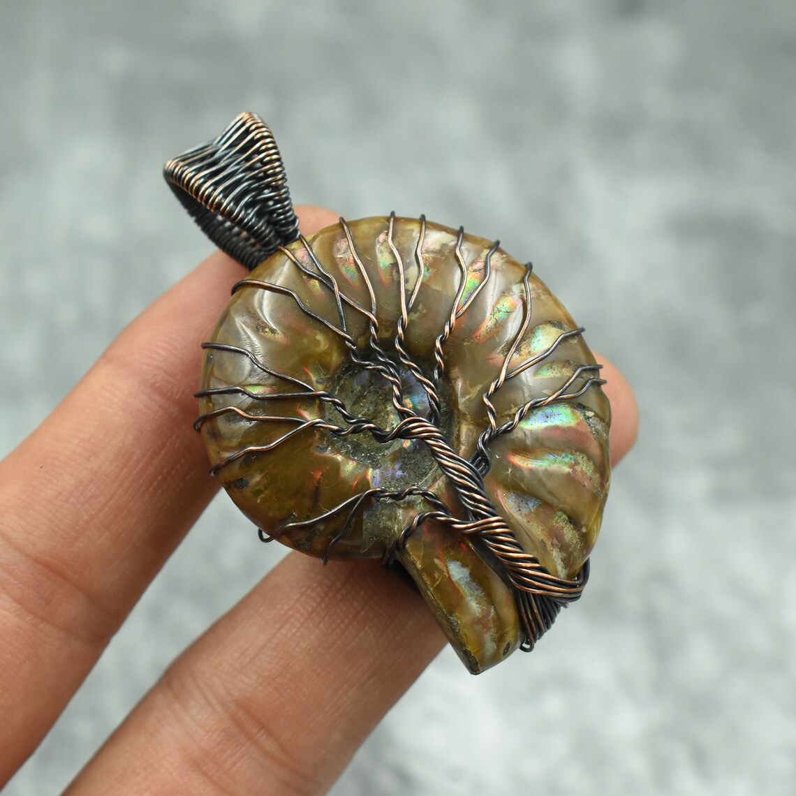 Tree of Life Ammonite Fossil Gemstone Pendant Copper Wire - Etsy