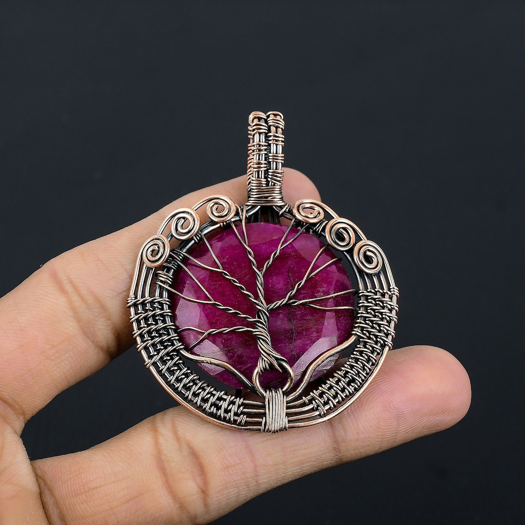 Tree of Life Kashmir Red Ruby Gemstone Pendant Copper Wire Wrapped ...