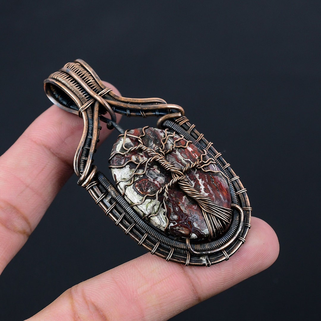 Tree of Life Crazy Lace Pendant Laguna Lace Agate Pendant Copper Wire ...