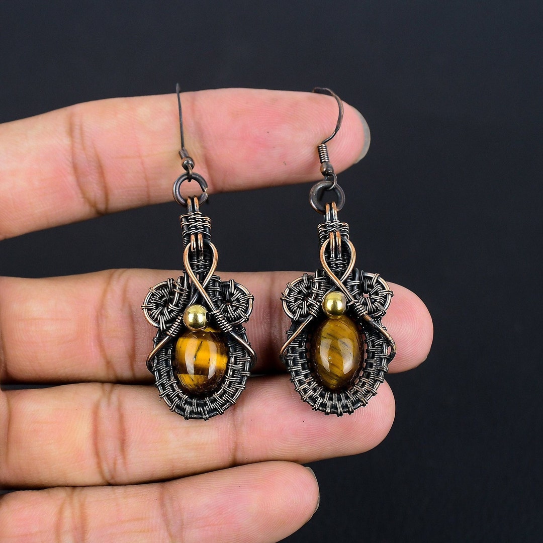 Tiger Eye Earrings, Copper Wire Wrapped Earrings, Tiger Eye Stone ...
