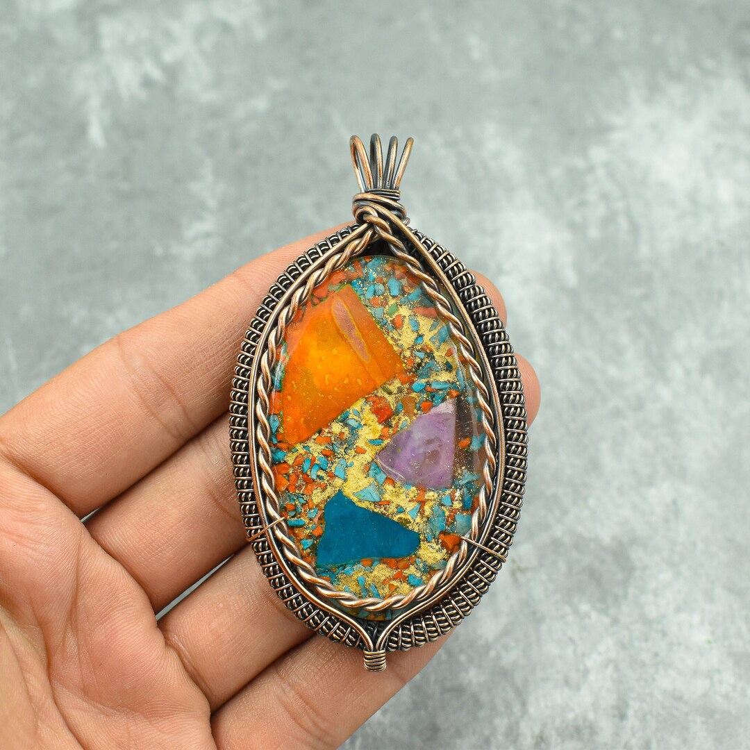 Spiny Oyster Turquoise Pendant, Copper Wire Wrapped Pendant, Real Spiny ...
