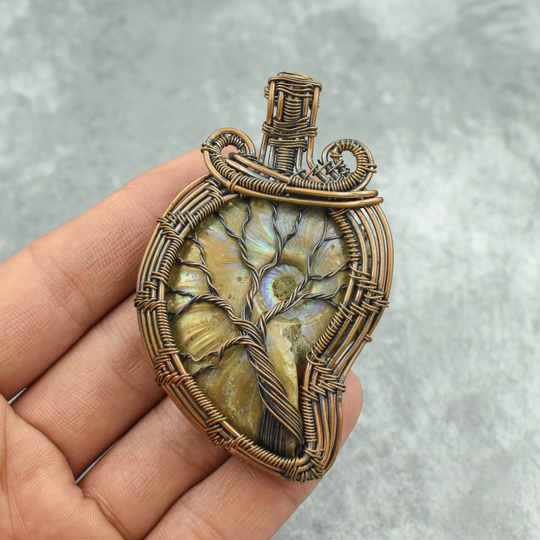 Big Ammonite Pendant, Tree of Life Copper Wire Wrapped Pendant, Natural ...