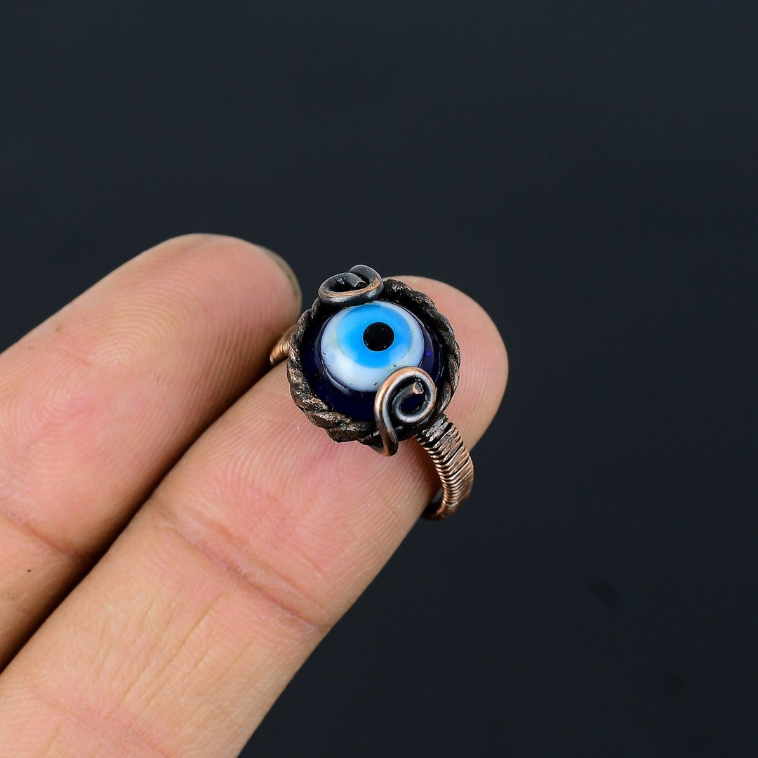 Blue Evil Eye Ring Copper Wire Wrapped Ring Copper Ring Blue Evil Eye ...