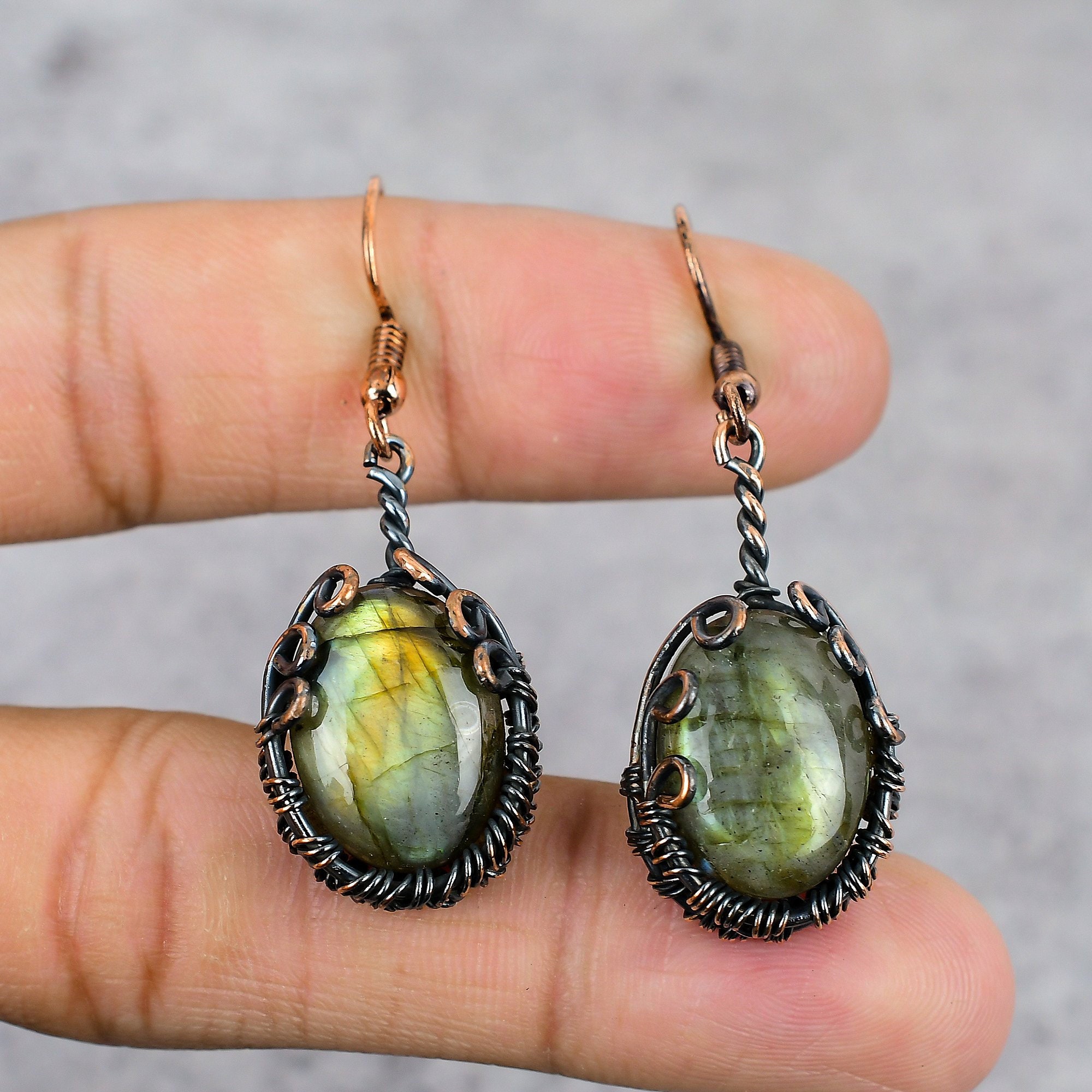 Labradorite Copper Gemstone Earrings Copper Wire Wrapped - Etsy