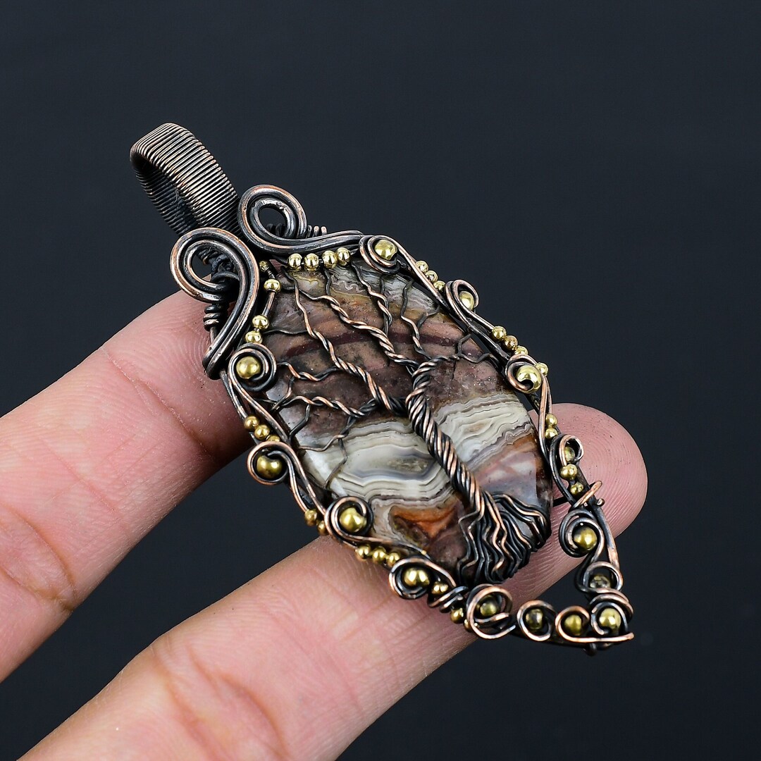 Crazy Lace Tree of Life Pendant Laguna Lace Agate Pendant Copper Wire ...