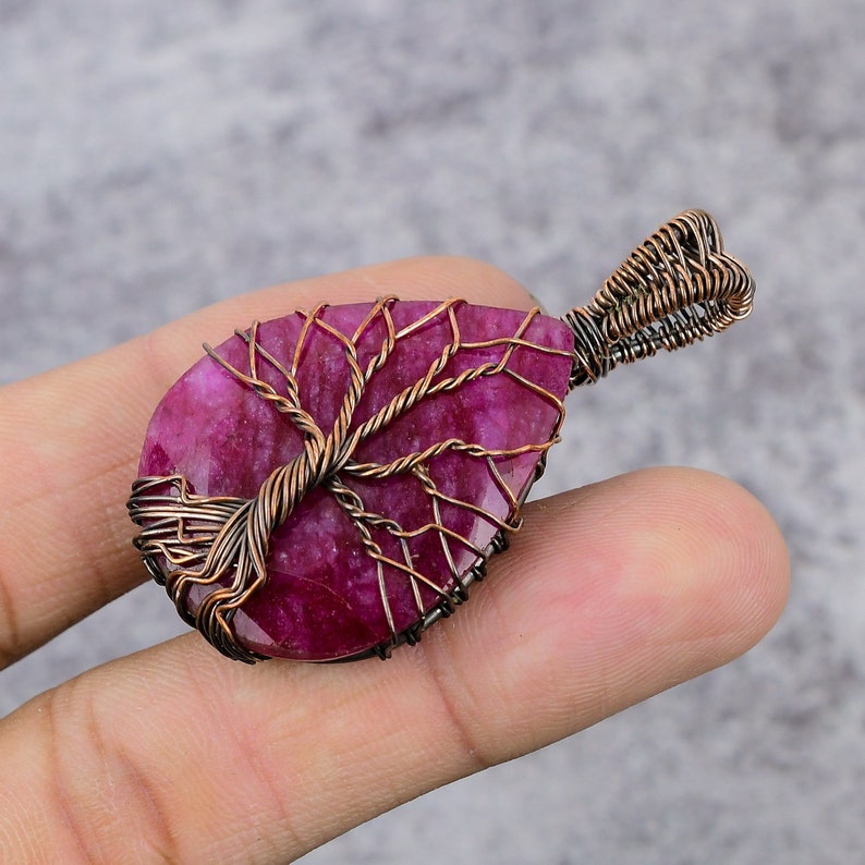 Tree of Life Kashmir Red Ruby Gemstone Pendant Copper Wire - Etsy