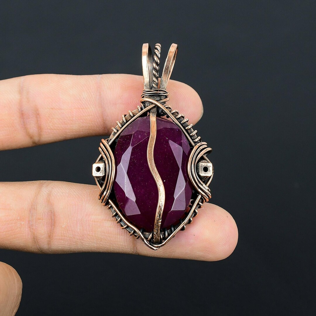 Ruby Pendant, Kashmir Red Ruby Gemstone Jewelry, Solid Copper Wire Wrap ...