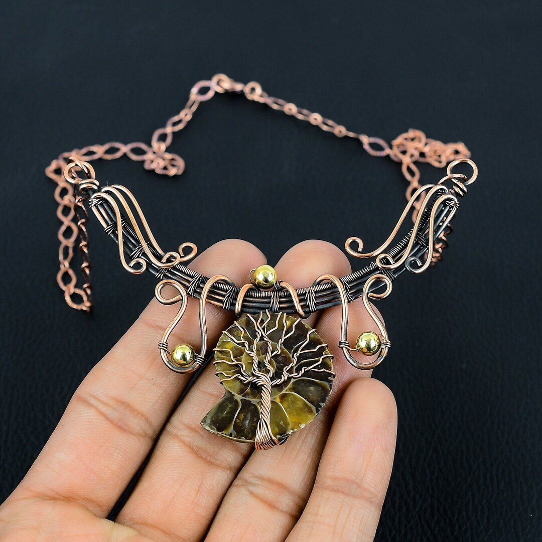 Ammonite Fossil Necklace Tree of Life Copper Wire Wrap Designer ...