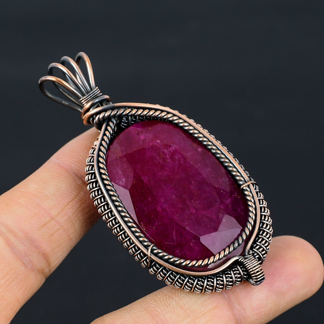 Kashmir Red Ruby Pendant Copper Wire Wrapped Gemstone Pendant Copper ...