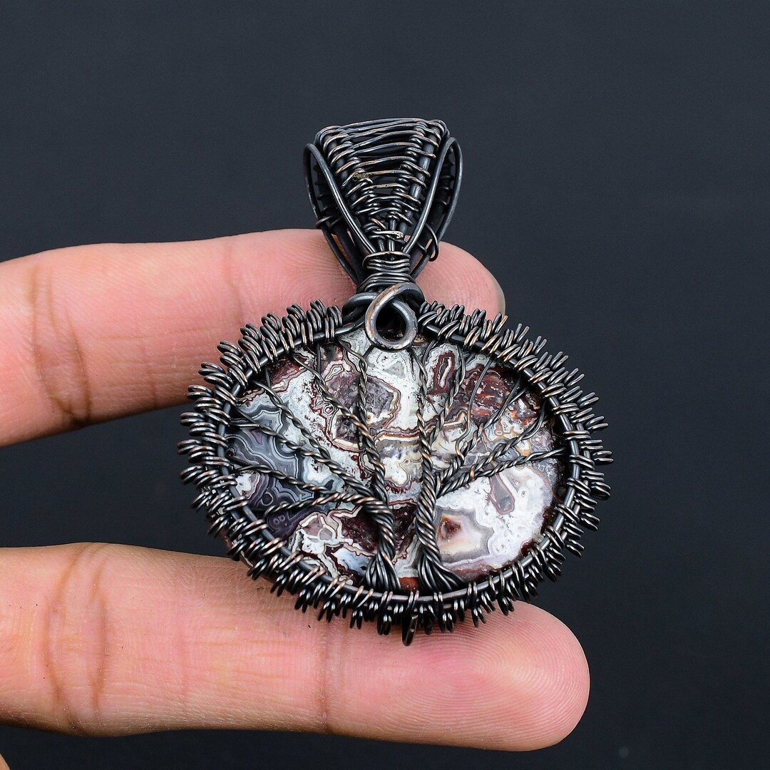 Crazy Lace Pendant, Red Crazy Lace Agate Jewelry, Tree of Life Copper ...