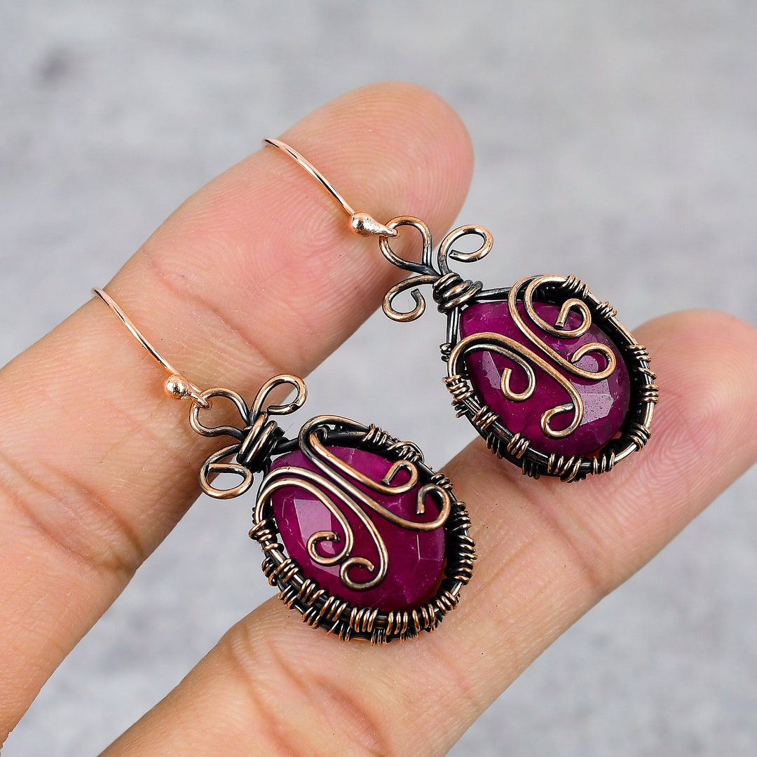Kashmir Red Ruby Copper Earrings Copper Wire Wrapped Gemstone Earrings Copper Jewelry Designer ...