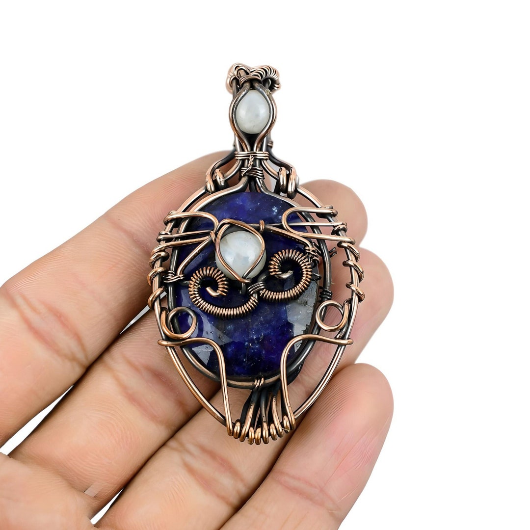 Eye of RA, Blue Sapphire Evil Eye Pendant, Pure Copper Wire Wrapped ...