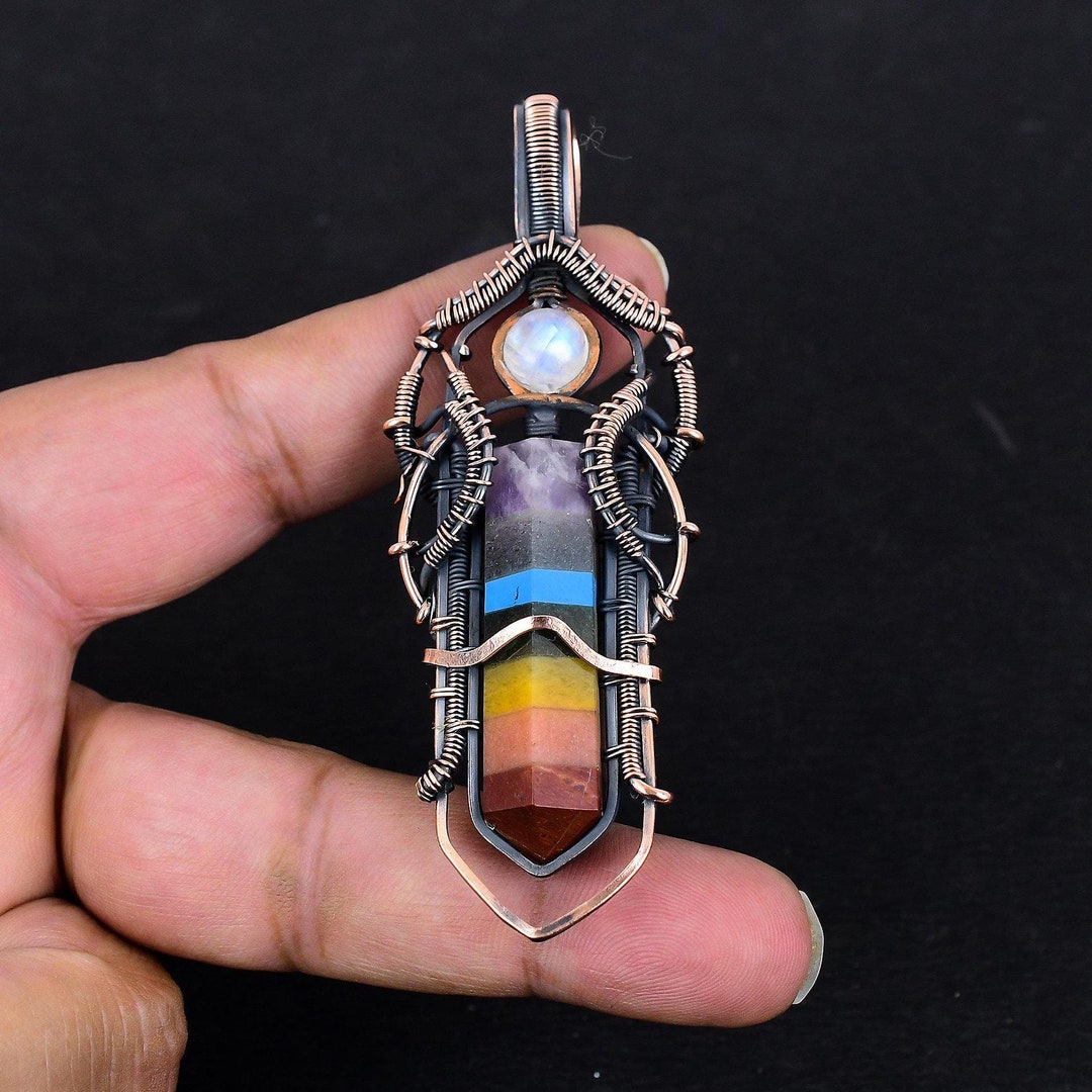Natural Seven Chakra Healing Crystal Pendant, Moonstone & Banded Pencil ...
