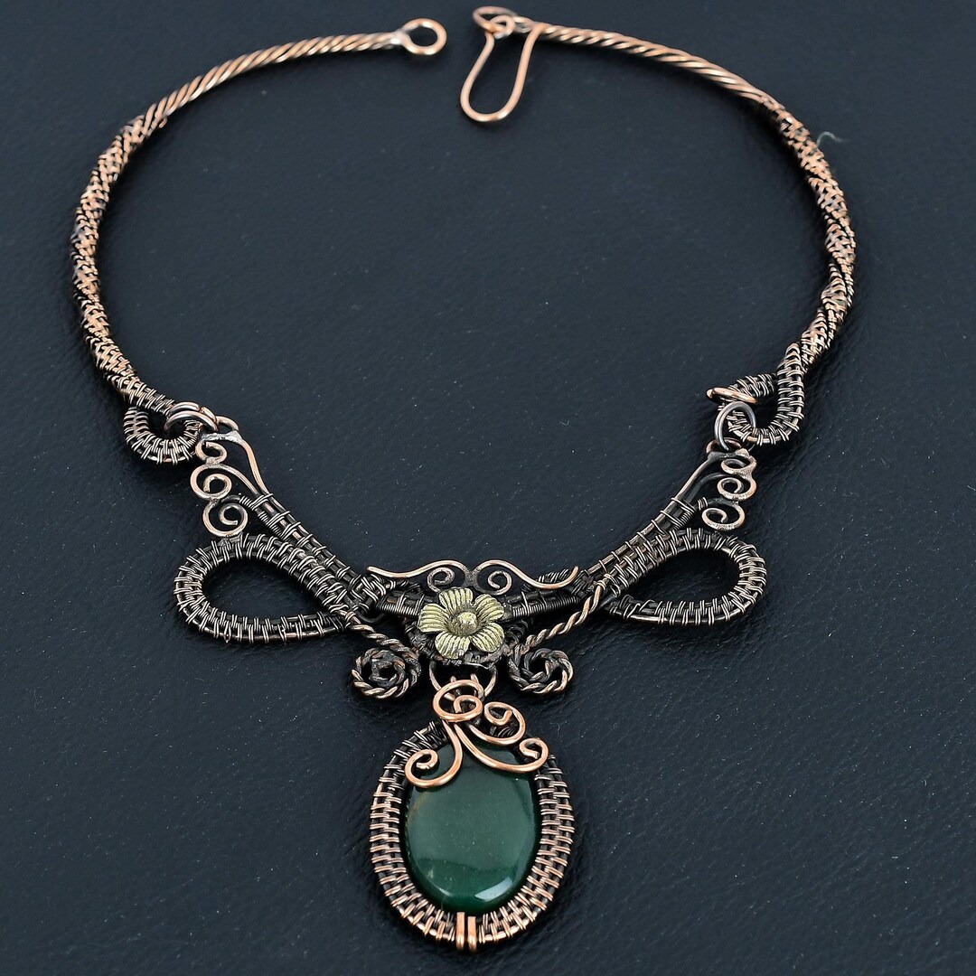 Jade Necklace, Natural Green Jade Gemstone Jewelry, Pure Copper Wire ...