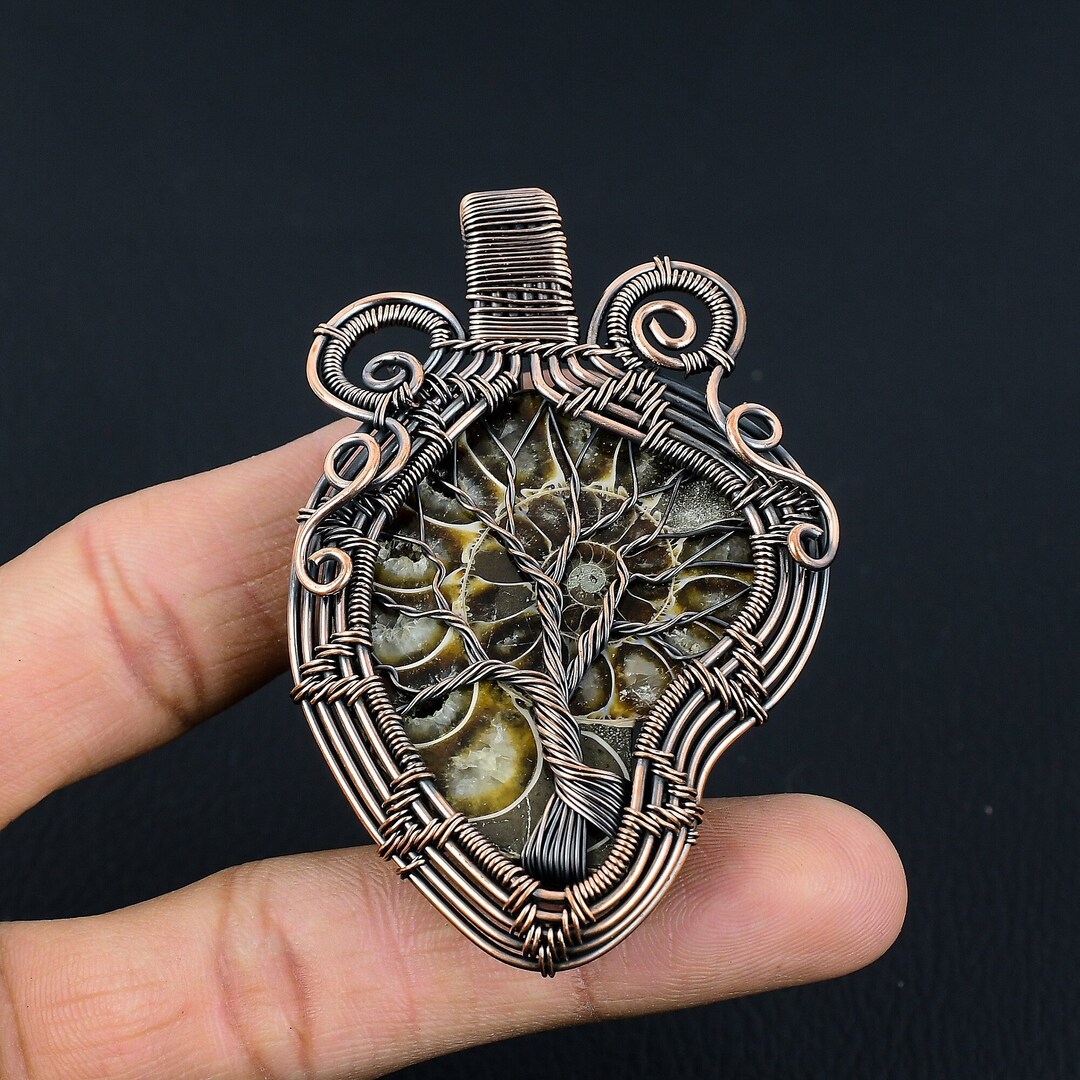 Real Ammonite Fossil Pendant, Tree of Life Pure Copper Wire Wrapped ...
