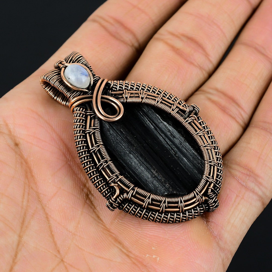Black Tourmaline Rough, Moonstone Gemstone Pendant Copper Wire Wrapped ...