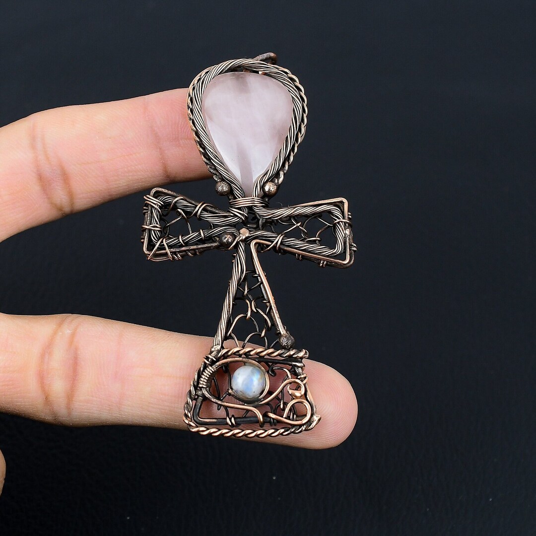 Rose Quartz Ankh Pendant, Copper Wire Wrap Pendant Hieroglyphic Symbol ...