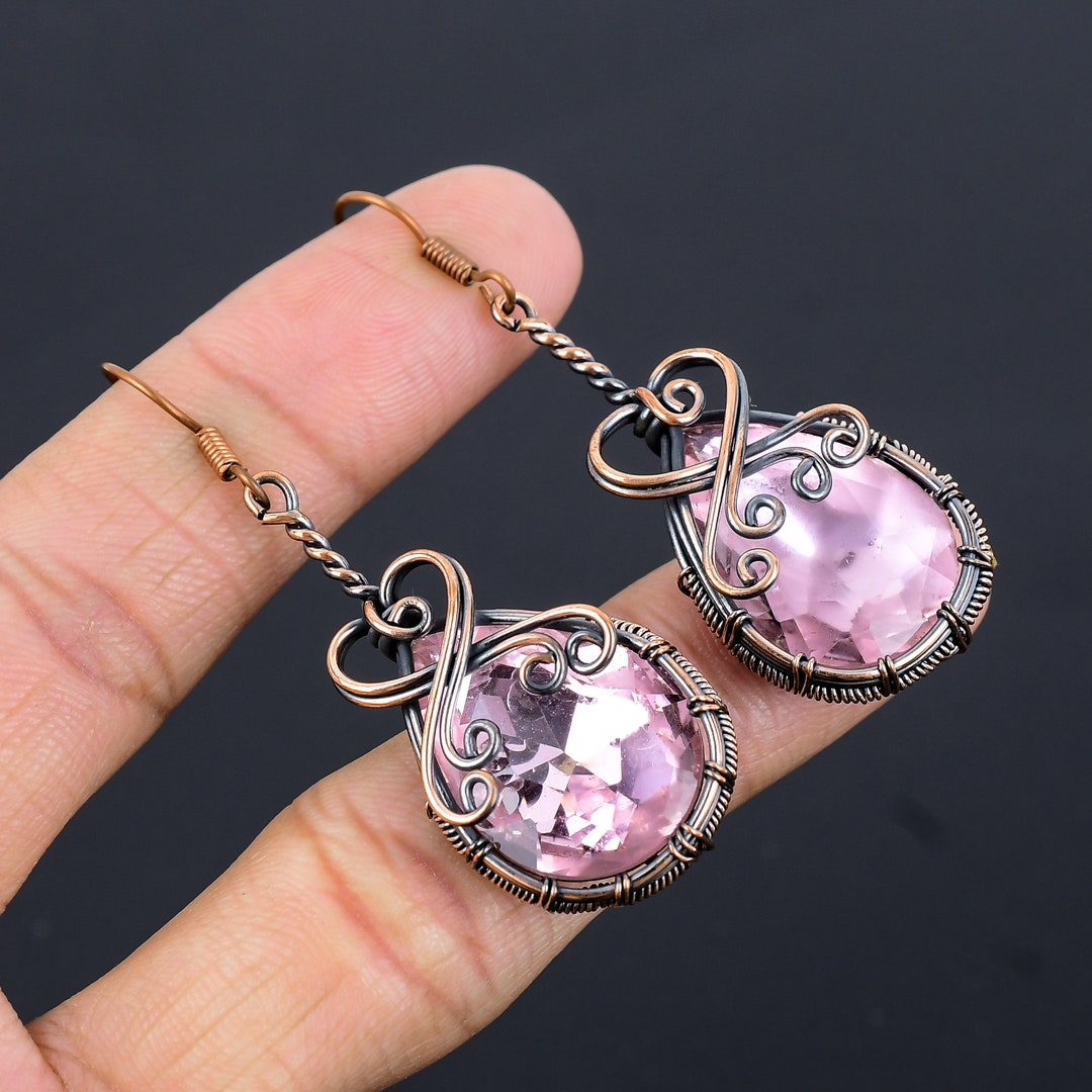 Pink Kunzite Earrings Copper Wire Wrapped Earrings Pink Kunzite