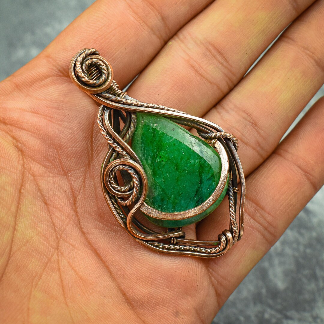Emerald Pendant, Solid Copper Wire Wrapped Pendant Zambian Emerald ...