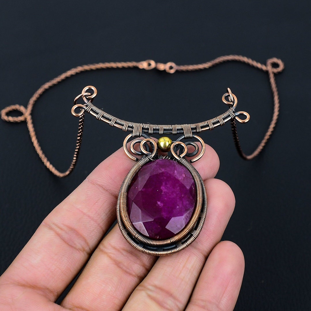 Ruby Necklace Copper Wire Wrapped Pendant Necklace Ruby Gemstone ...