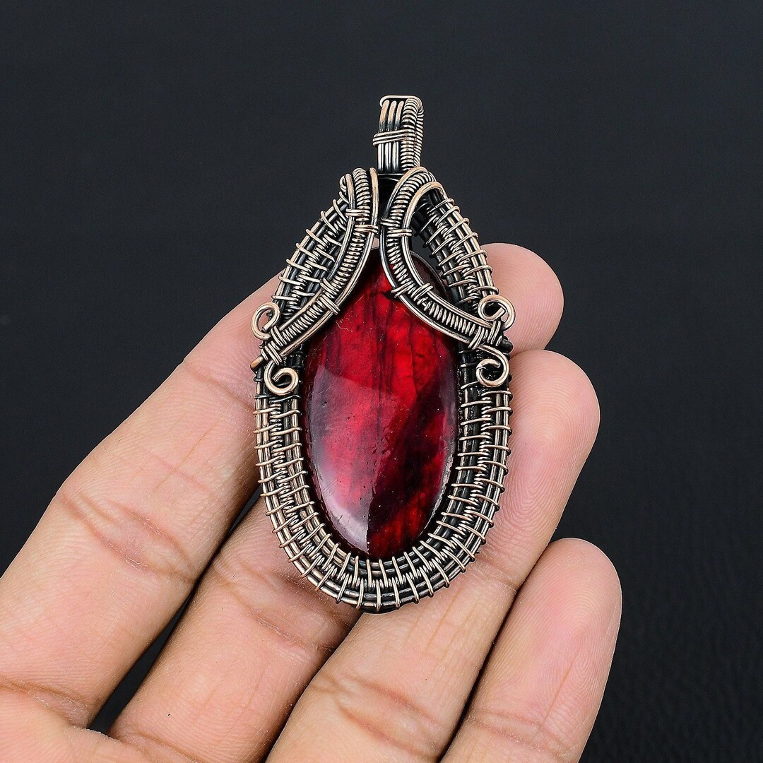 Red Flash Labradorite Gemstone Pendant Copper Wire Wrapped Pendant ...