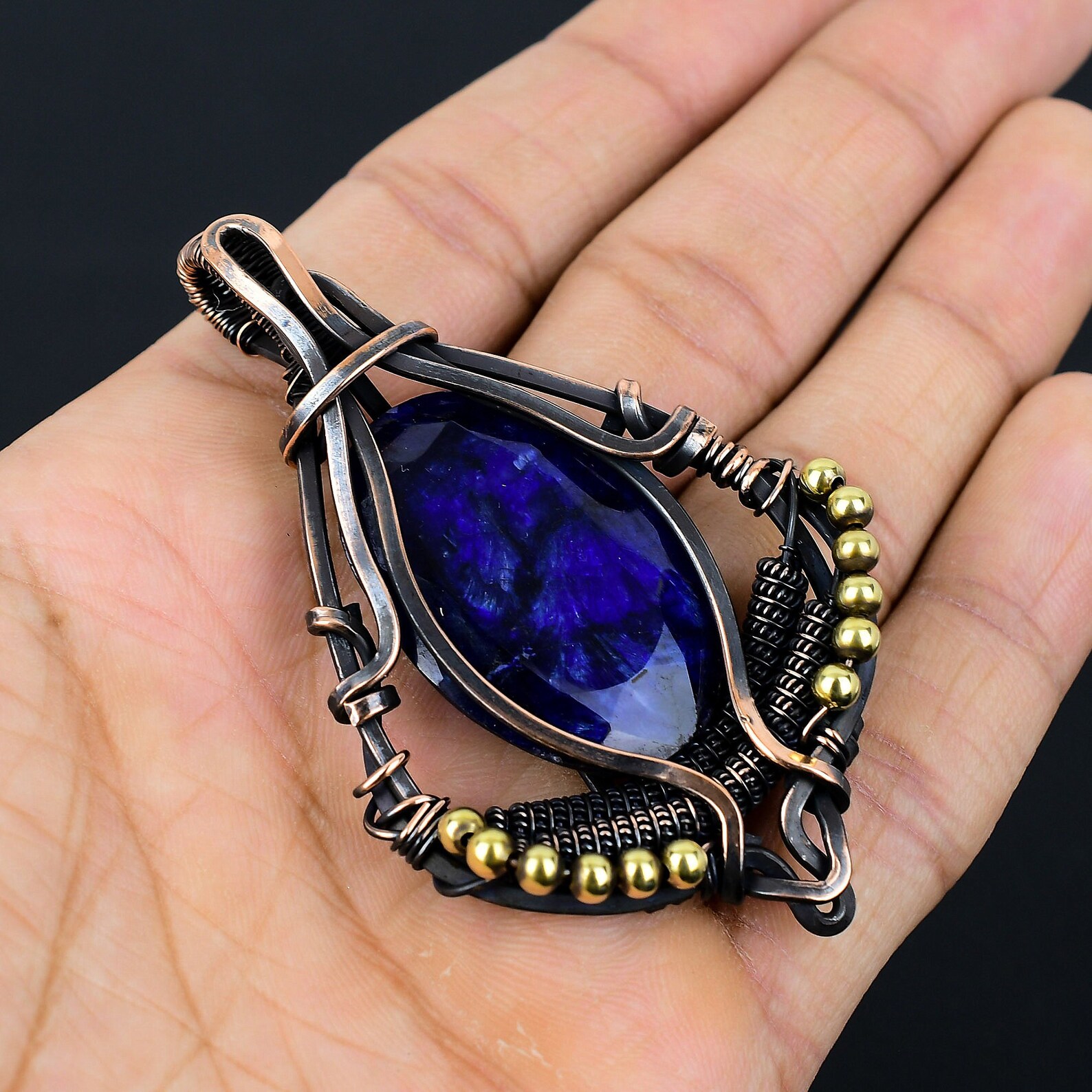 Blue Sapphire Pendant, Copper Wire Wrapped Pendant, Sapphire Gemstone ...