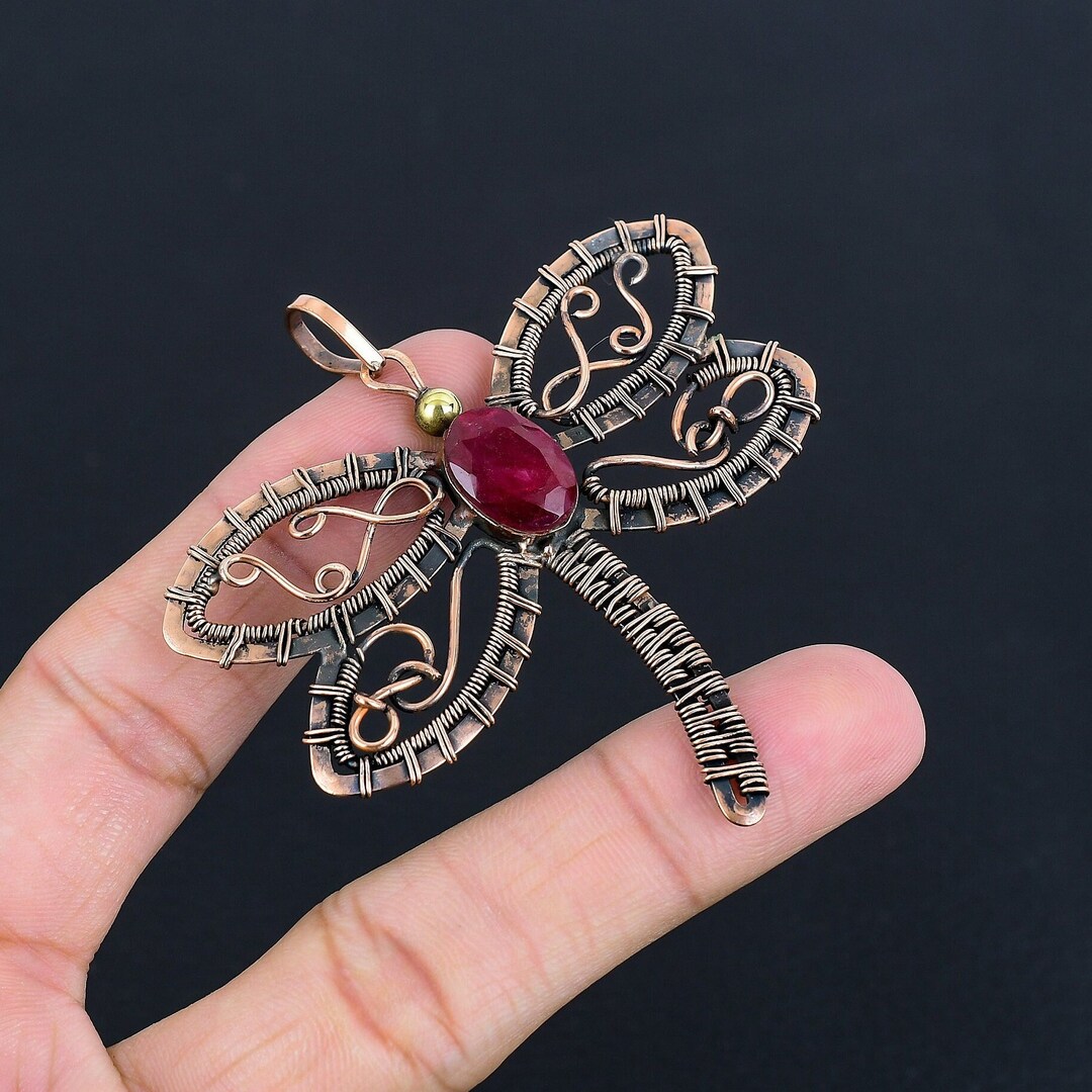 Ruby Dragonfly Pendant, Faceted Ruby Jewelry, Pure Copper Wire Wrap ...