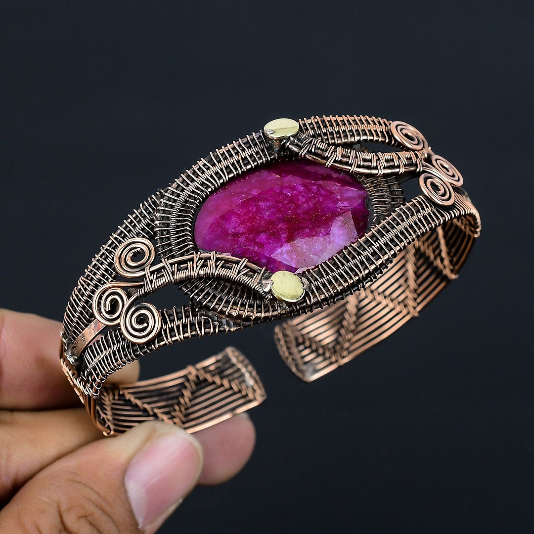 Ruby Copper Bracelet Ruby Bracelet Copper Wire Wrapped Cuff Bangle Wire ...