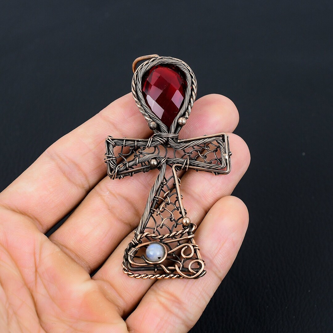 Garnet Ankh Pendant Copper Wire Wrapped Pendant Hieroglyphic Symbol ...