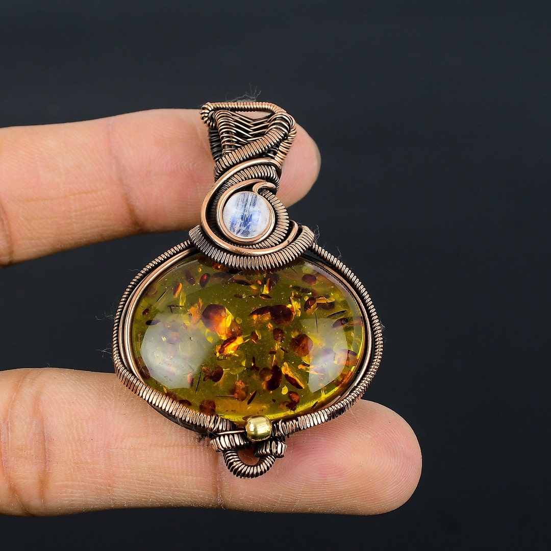 Beautiful Amber Pendant Copper Wire Wrapped Pendant Oxidized Copper ...