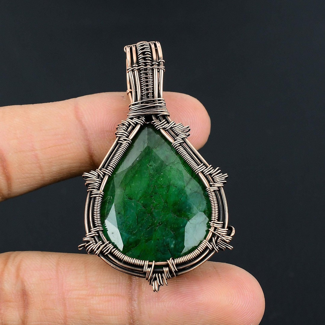Emerald Pendant Copper Wire Wrapped Pendant Handmade Pendant Necklace ...