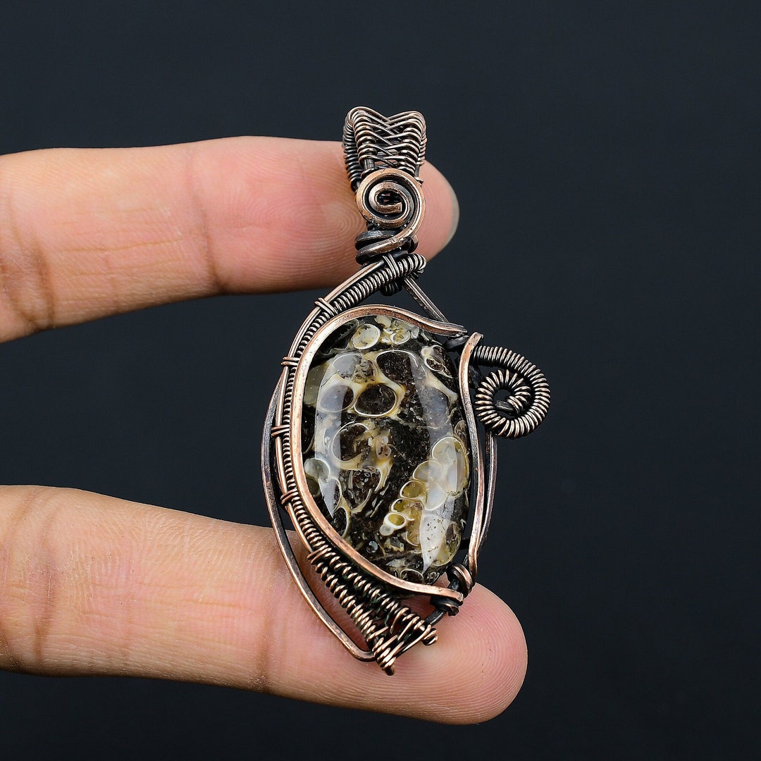 Turritella Fossil Pendant Copper Wire Wrapped Pendant Turritella Agate ...