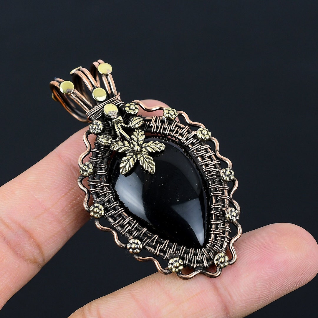 Black Obsidian Pendant Copper Wire Wrapped Gemstone Pendant Copper ...