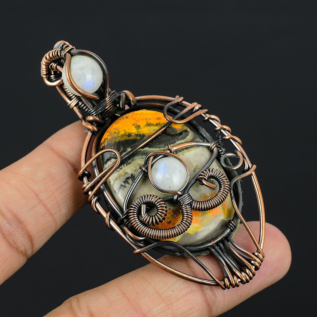 RA One Eye Bumble Bee Jasper Copper Wire Wrapped Pendant Moonstone ...