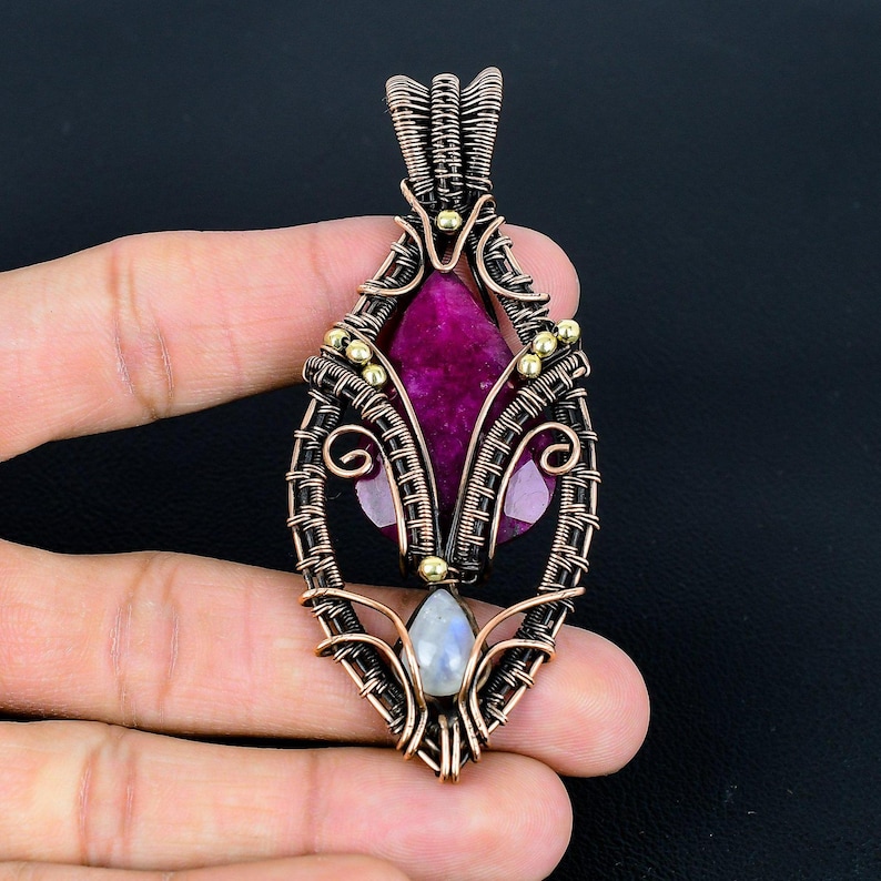 Beautiful Ruby Pendant , Ruby With Rainbow Moonstone Copper Wire ...