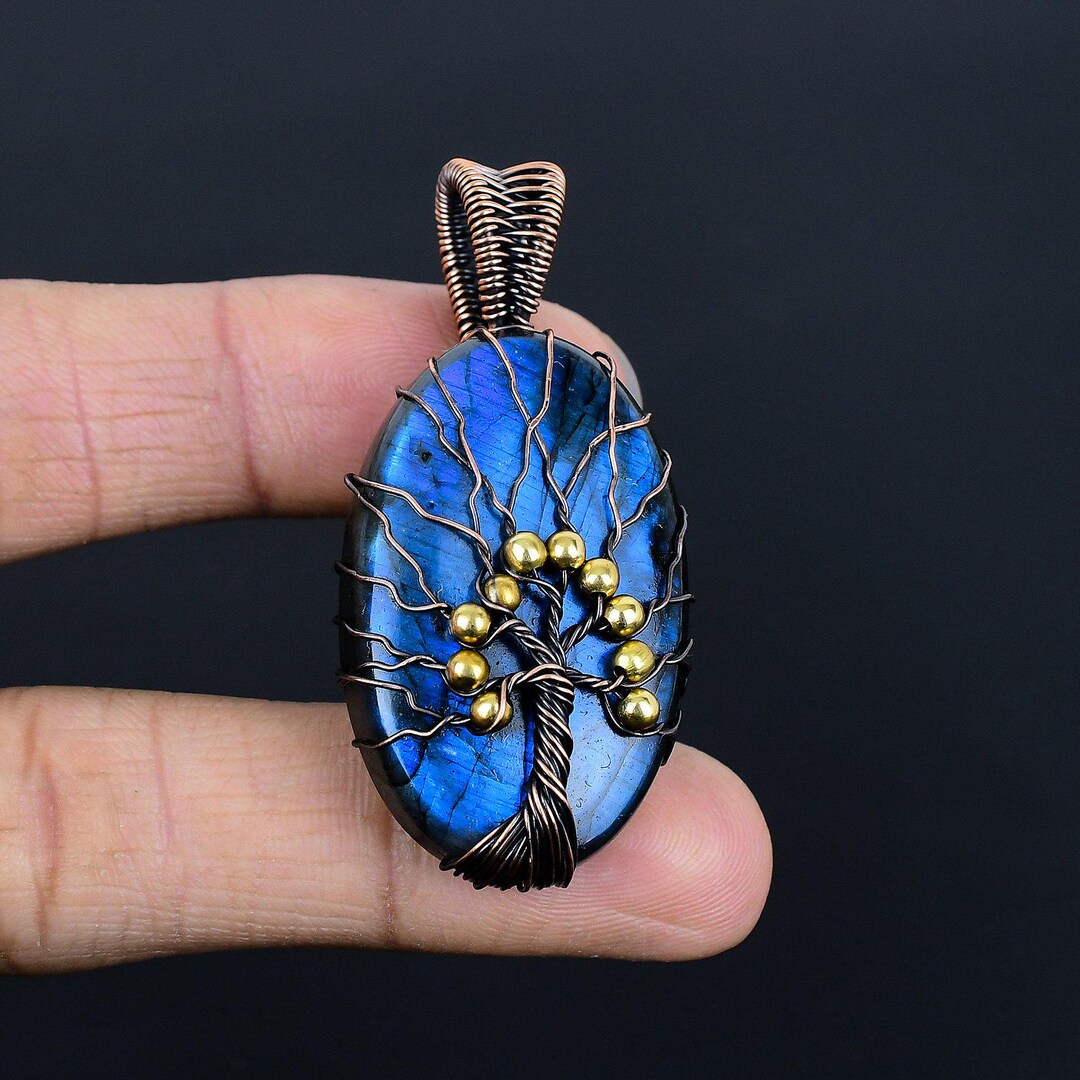 Labradorite Natural Blue Flash Tree of Life Pendant, Copper Wire Wrap ...