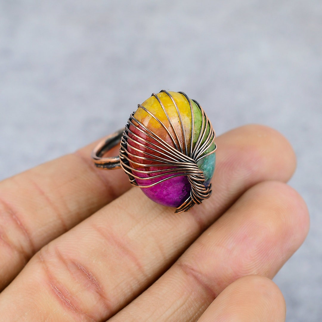 Tree of Life Rainbow Solar Quartz Ring Copper Wire Ring Copper Ring ...