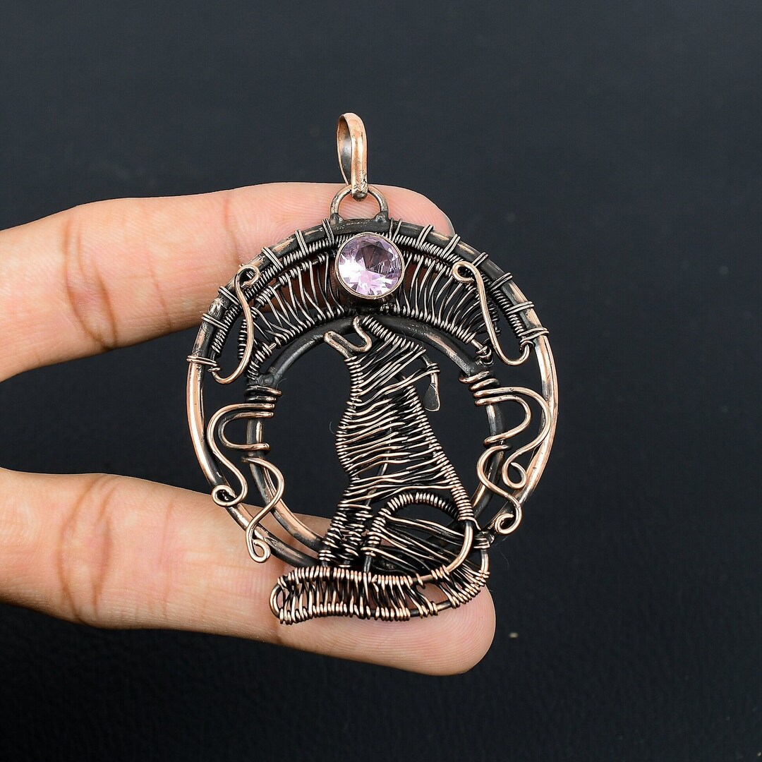 Howling Wolf Pink Kunzite Gemstone Chain Pendant, Copper Wire Wrapped ...