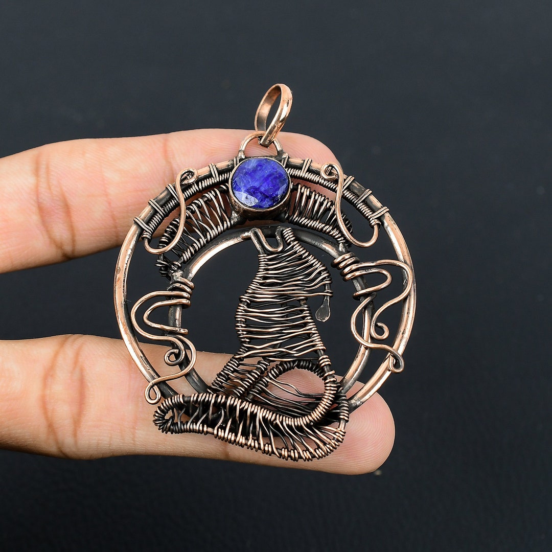 Howling Wolf Pendant Blue Sapphire Pendant Copper Wire Wrapped Pendant ...